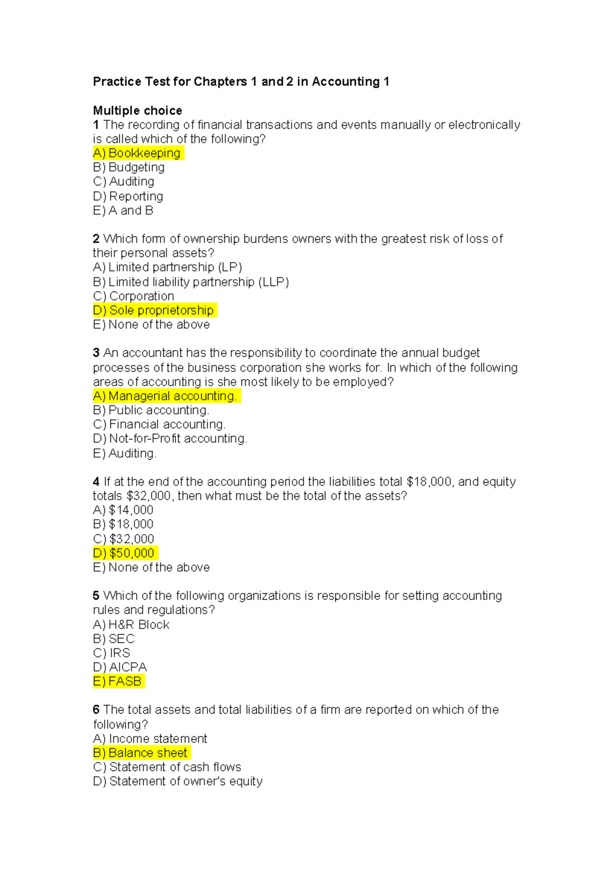 Practice Test for Accounting 1: Chapters 1 & 2 - Studocu