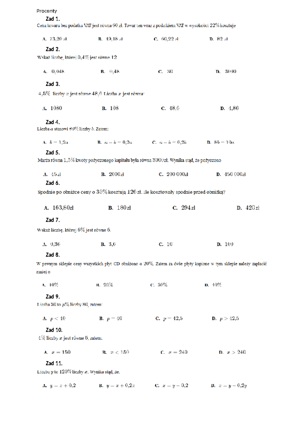Procenty - Matematyka - Procenty Zad 1. Zad 2. Zad 3. Zad 4. Zad 5. Zad ...