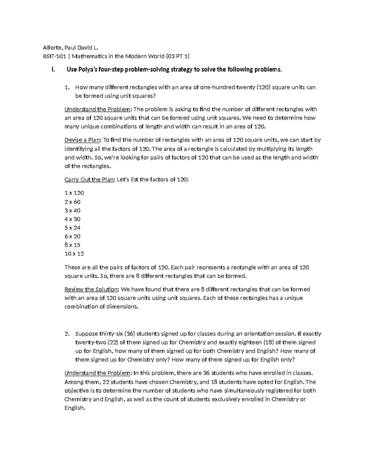 MMW - BSIT-101 - Polya's Problem Solving Strategy & KenKen Puzzles - Studocu