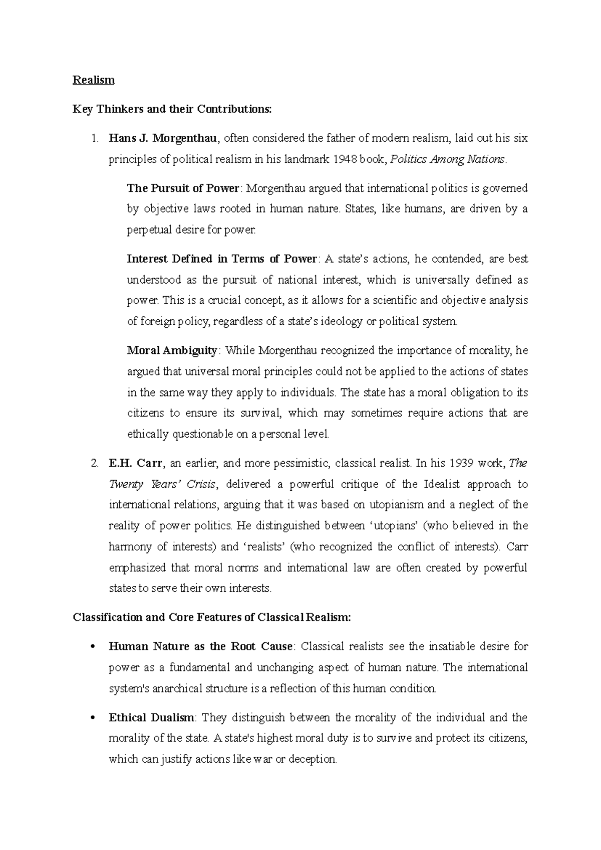Realism - Key Thinkers & Contributions Exam Summary (POL 101) - Studocu