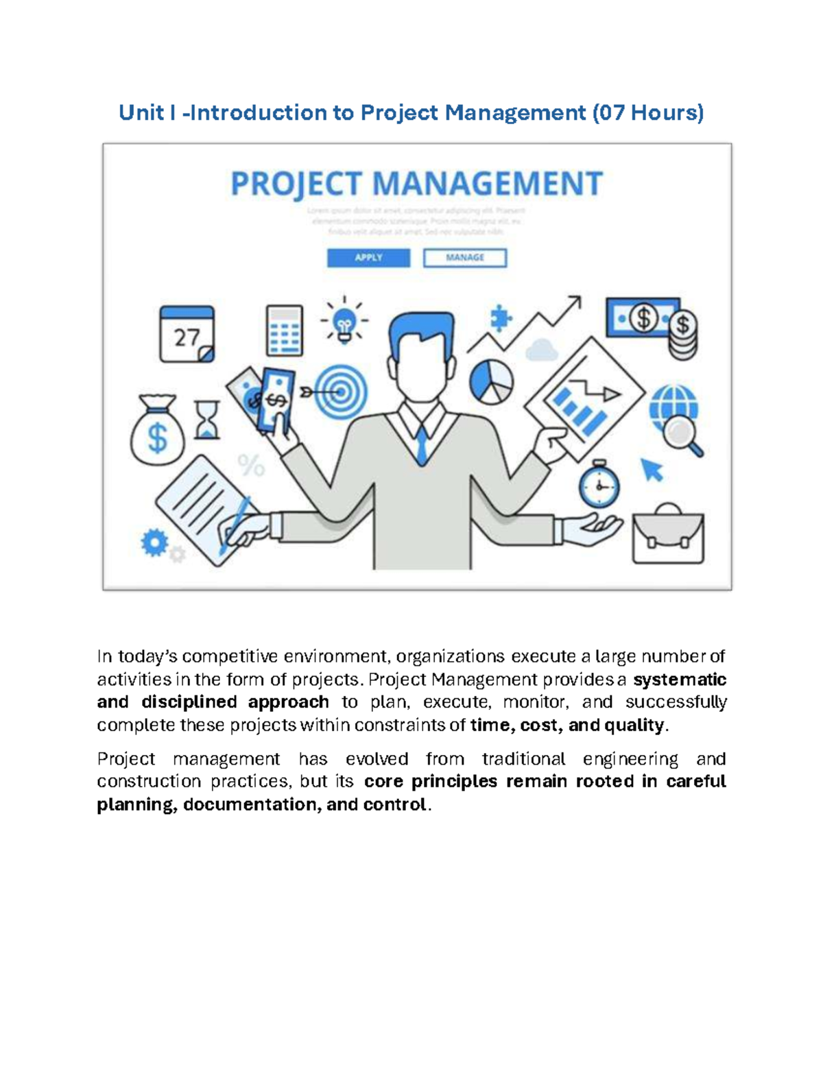 PM Unit I: Introduction to Project Management Concepts and Phases - Studocu