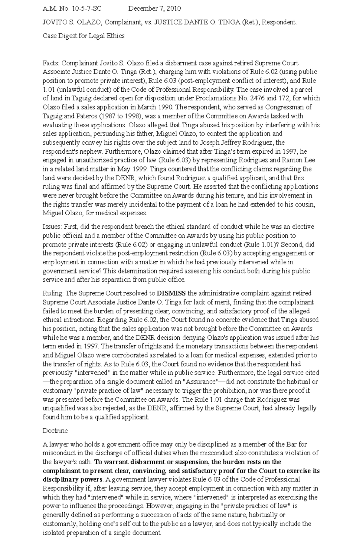 Olazo vs. Justice Tinga: 2010 Legal Ethics Case Digest - Studocu