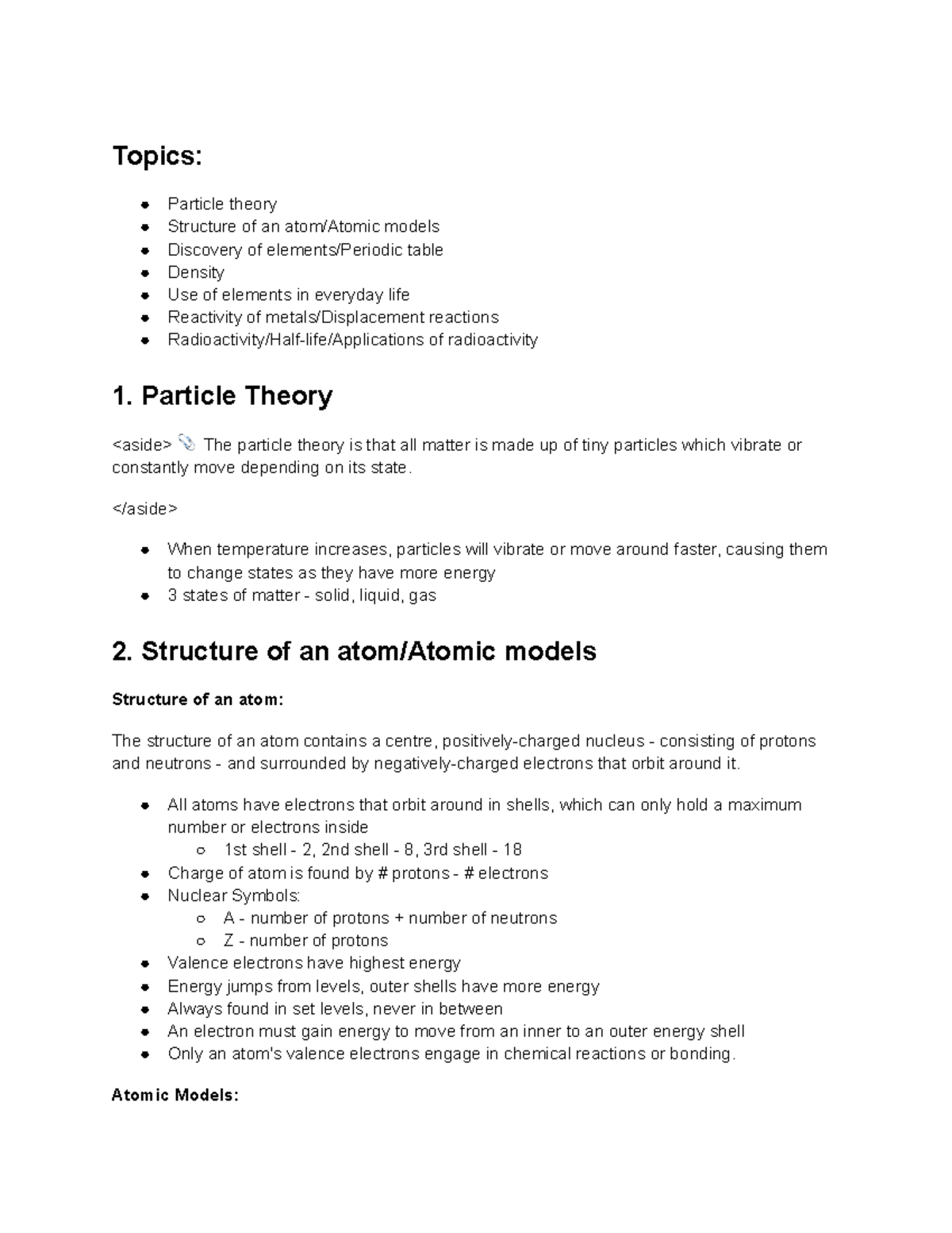 Science Yr 8: Chemical World Notes on Particle Theory and Atoms - Studocu