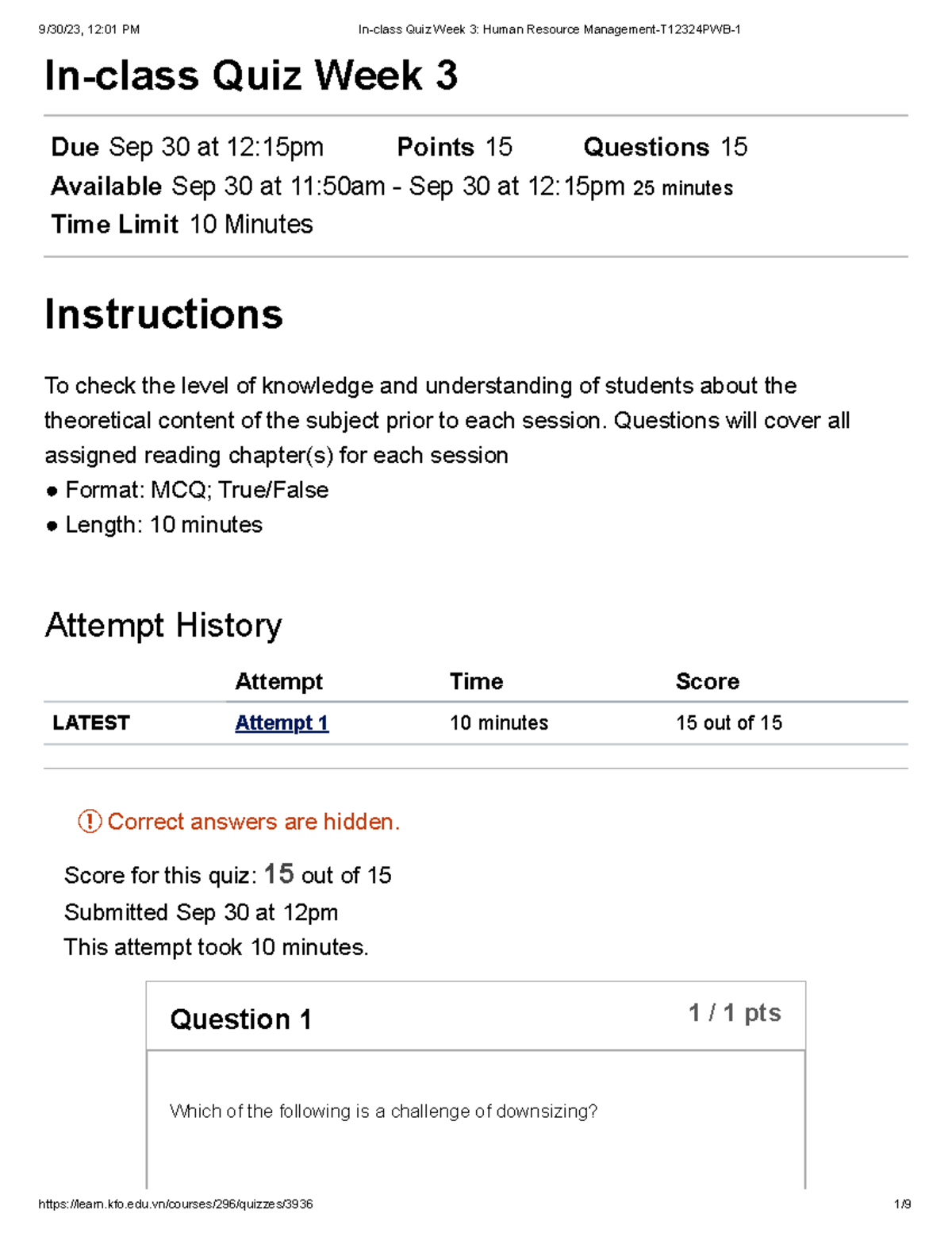 In-class Quiz Week 3: Human Resource Management T12324 PWB-1 - Studocu