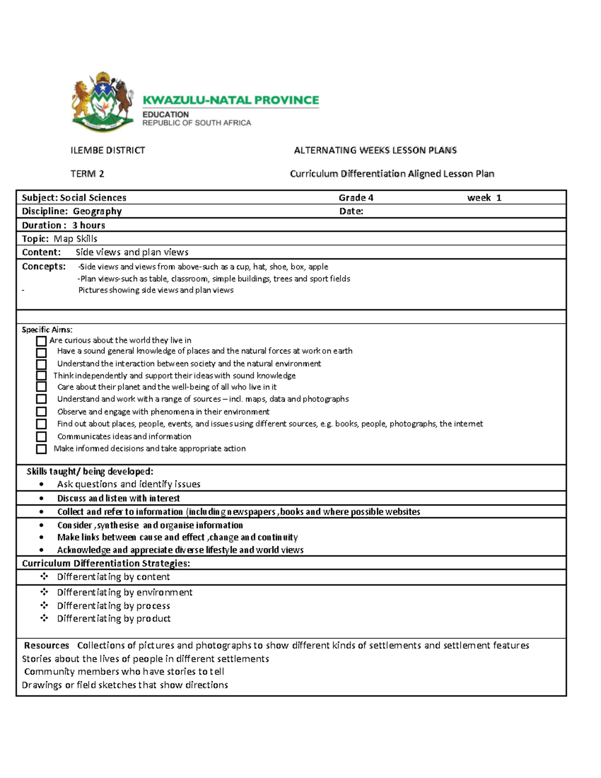 Ilembe District Grade 4 Term 2 Geography & History Lesson Plans - Studocu