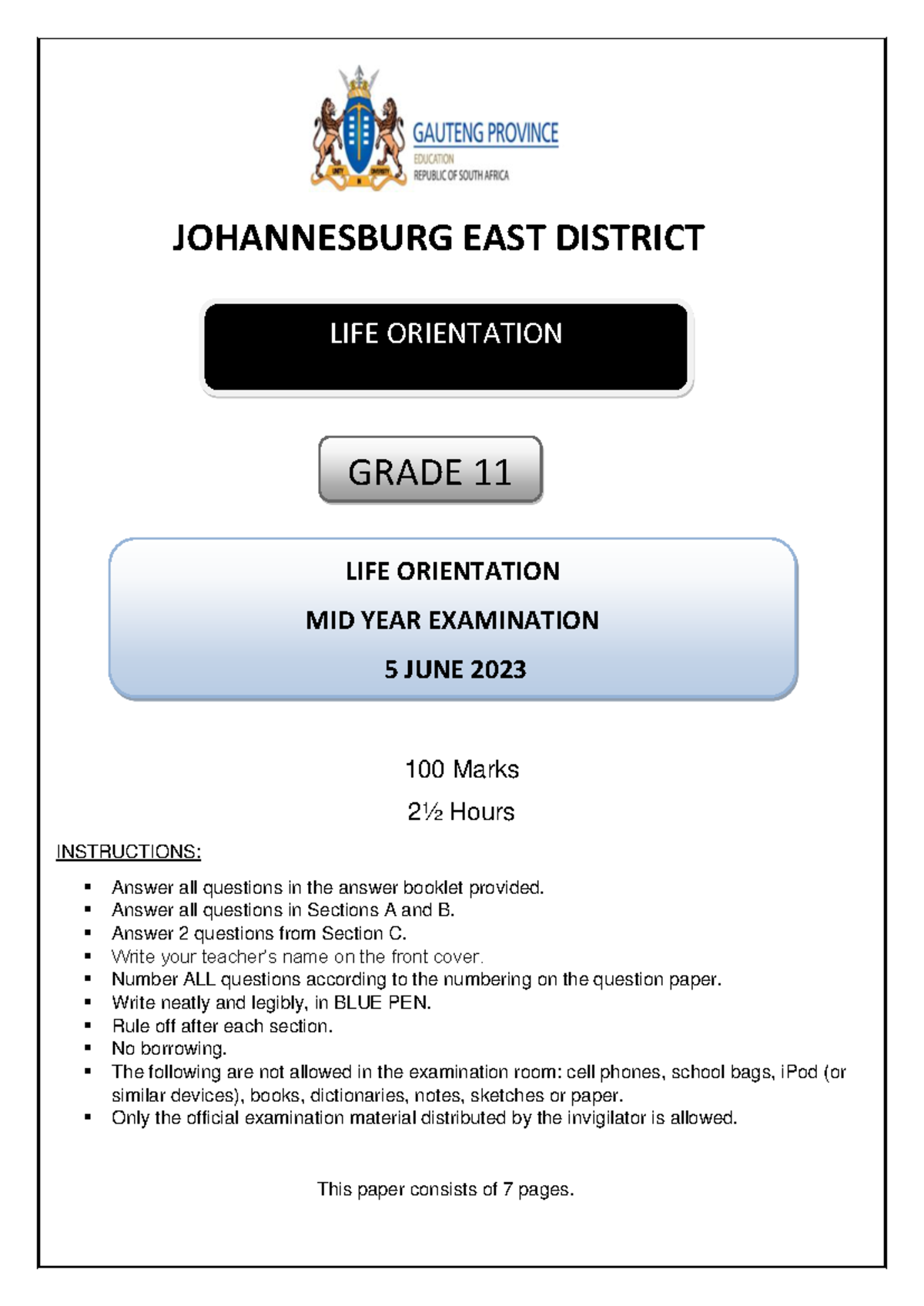 LIFE ORIENTATION GRADE 11 MID YEAR EXAMINATION 5 JUNE 2023 - Studocu
