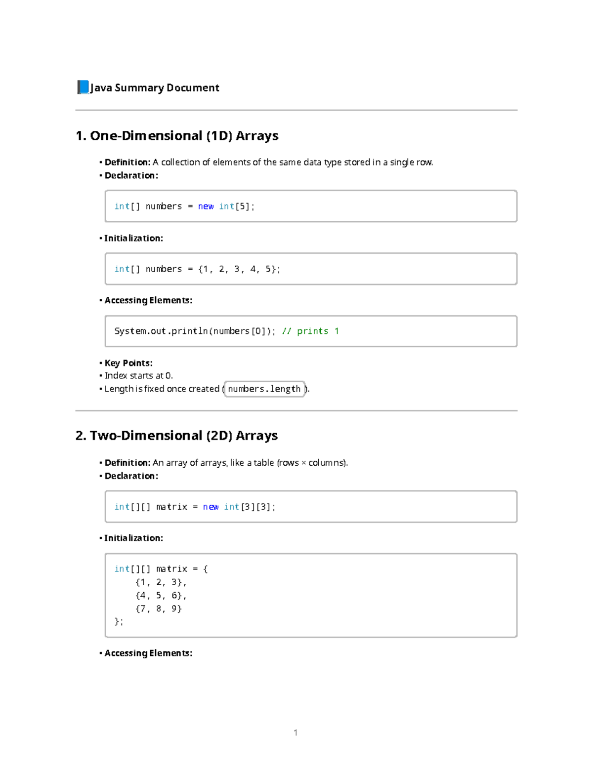 Java Basics Summary - PRACTICE Q (1D, 2D Arrays & String Methods) - Studocu