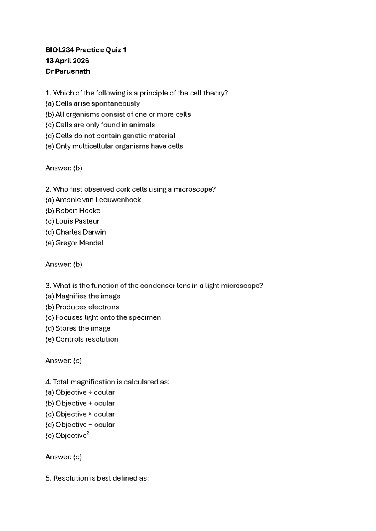 BIOL234 Practice Quiz 1: Cell Theory and Microscopy Concepts - Studocu