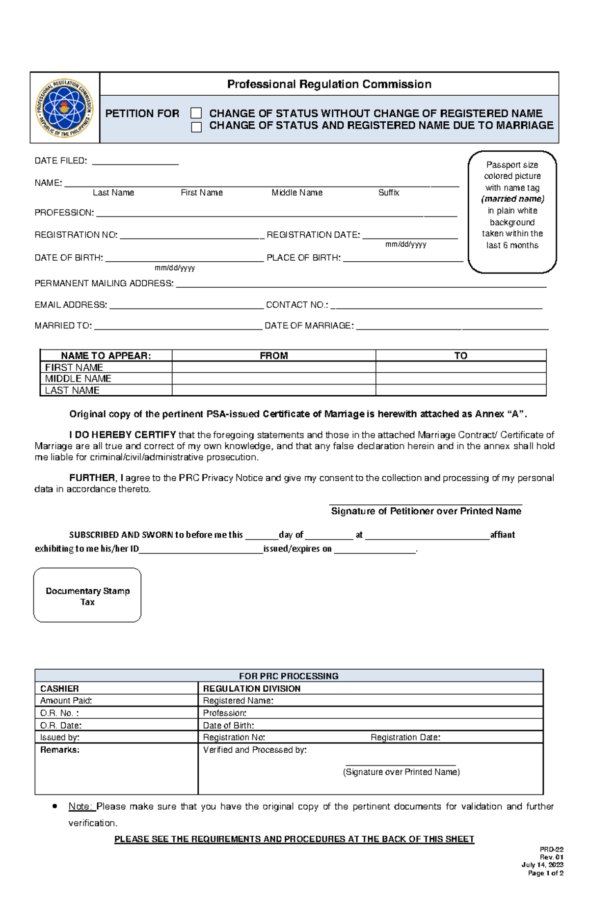 PRD-22 Rev 01: Petition for Change of Status Due to Marriage - Studocu