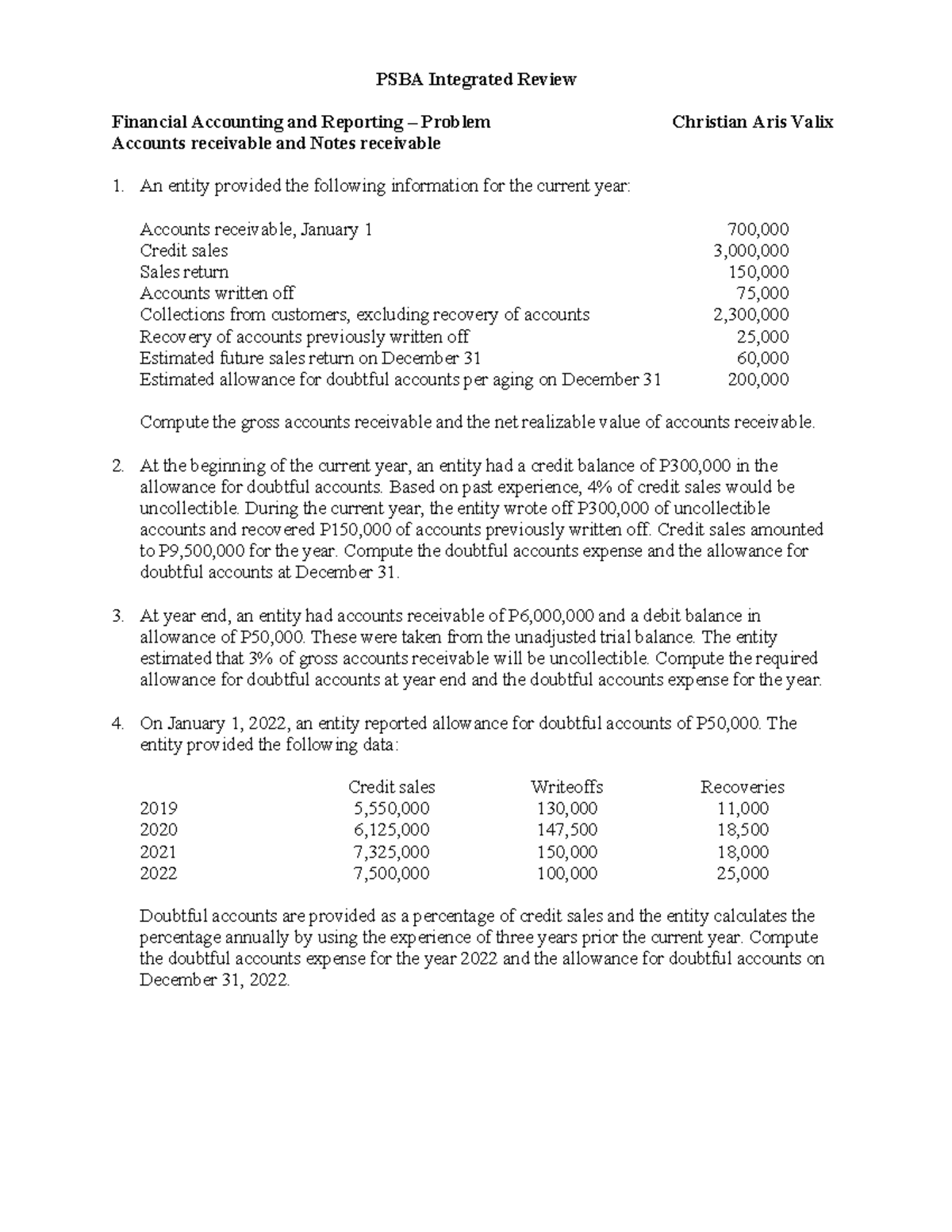 Final Exam Review: Accounts Receivable & Notes Receivable Problems ...