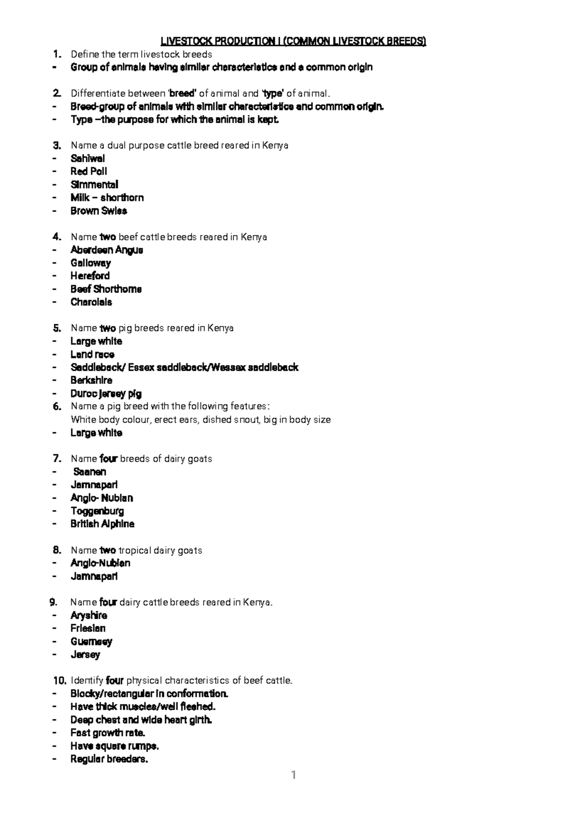 LIVESTOCK PRODUCTION I: Common Breeds and Health Issues - Studocu