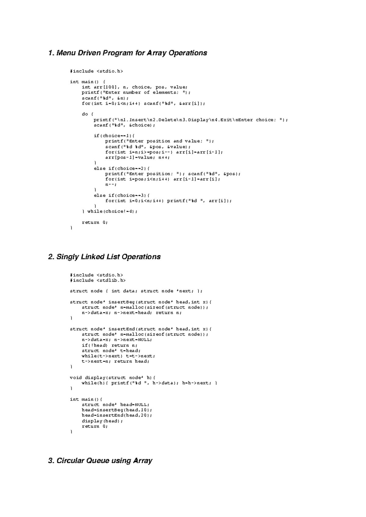 C Programming Solutions: Array, Linked List, Stack & Sorting Ops - Studocu