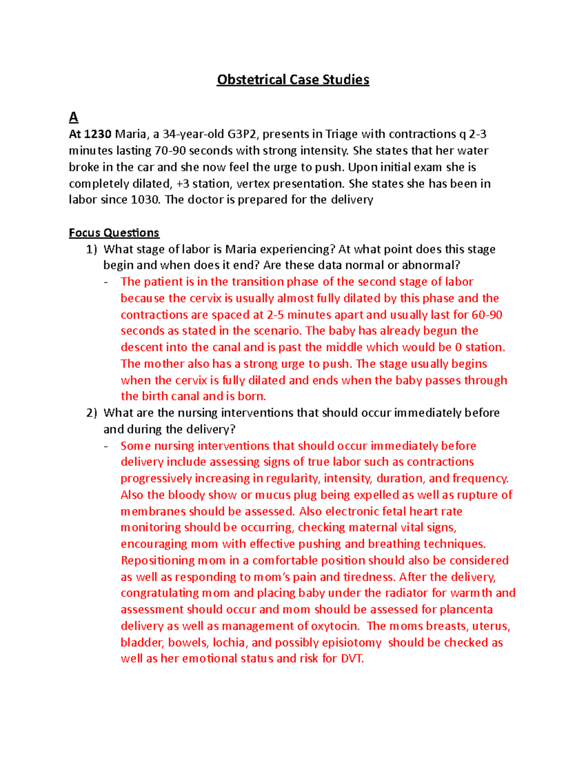 OB CASE Study Faith Patel - Obstetrical Case Studies A At 1230 Maria, a ...