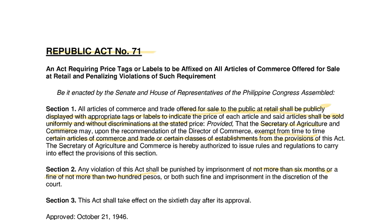 Republic Act No. 71 & 7394: Price Tag Requirements in Retail - Studocu