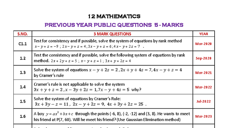 12 MATHS PUBLIC 5 MARKS QUESTIONS - C1.1 to C12.4 - Studocu