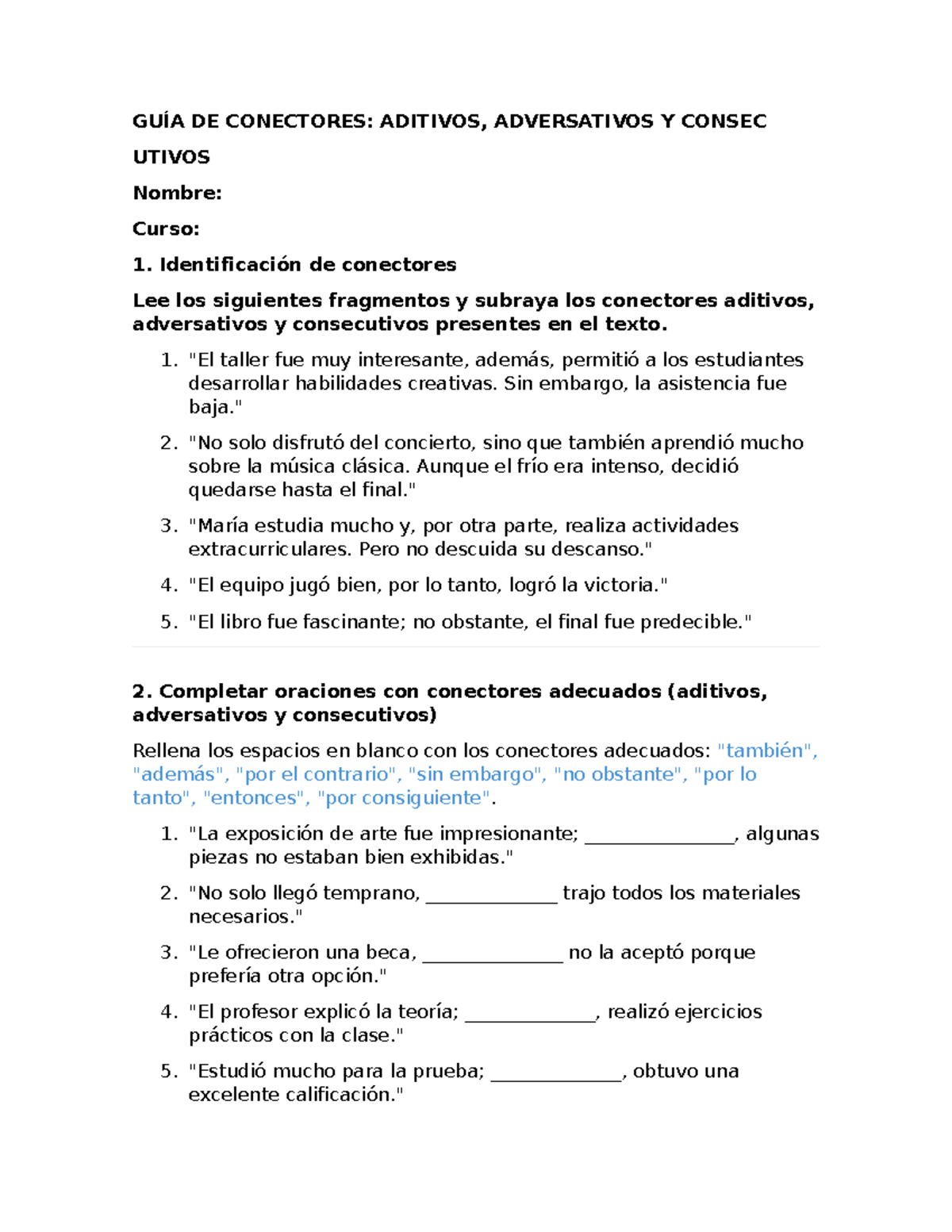 Guía de Conectores: Aditivos, Adversativos y Consecutivos - Ejercicios ...