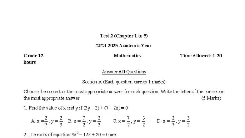 Mathematics Test 2 (Chapters 1-5) - Grade 12 Assessment - Studocu