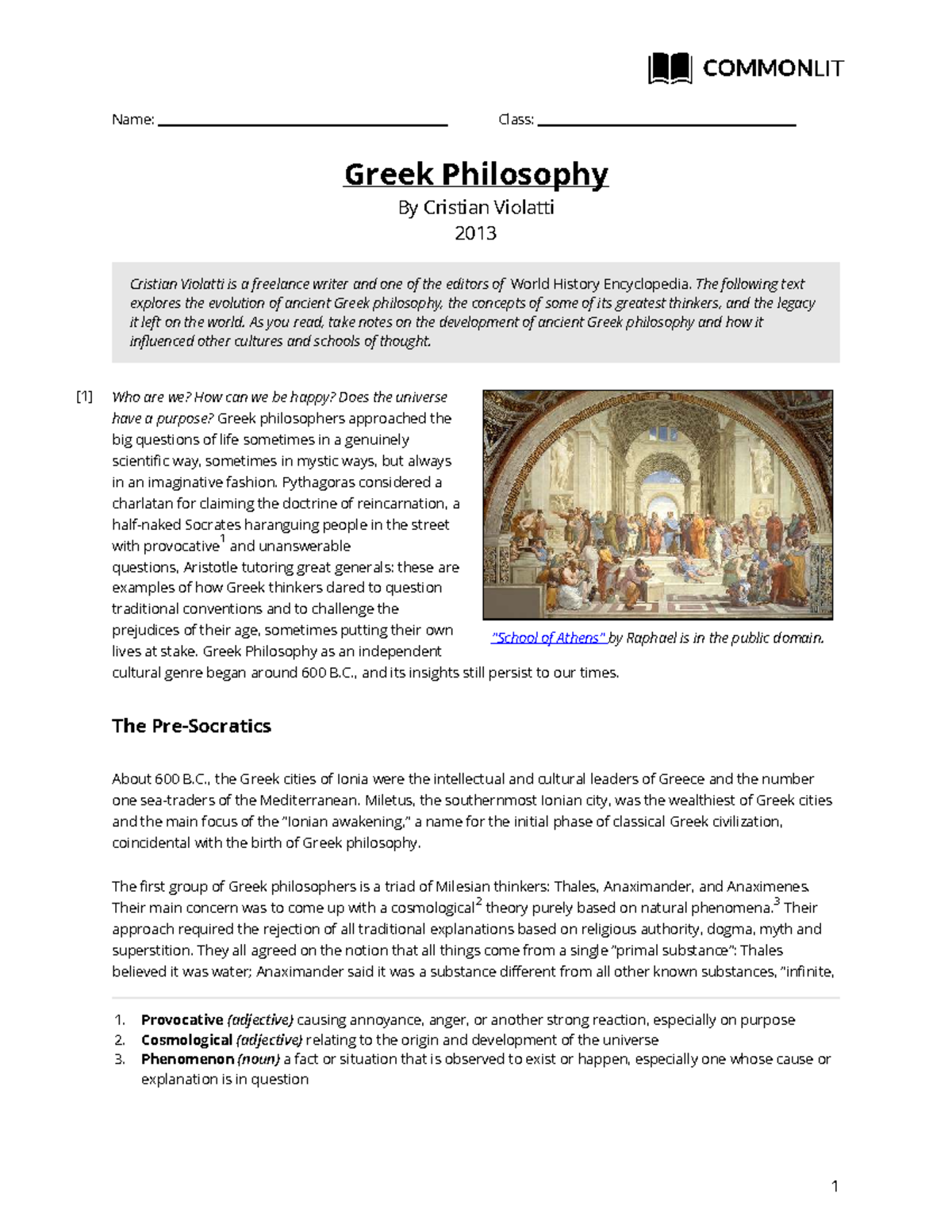 Greek Philosophy: Evolution and Influence - Teacher Notes (Course Code ...