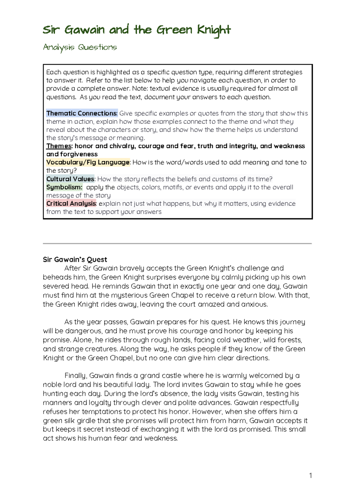 ENG 201: Sir Gawain and the Green Knight - Analysis Questions & Themes ...