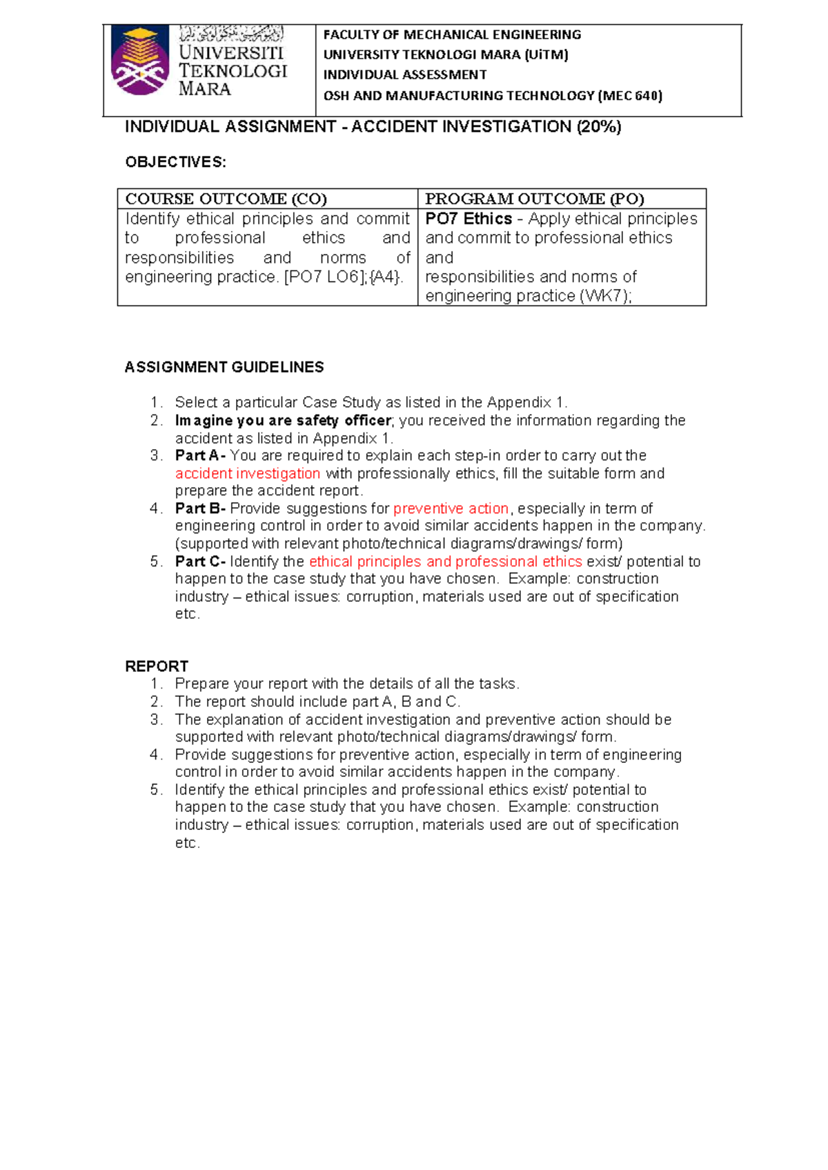 MEC 640 Individual Assignment: Accident Investigation in OSH - Studocu
