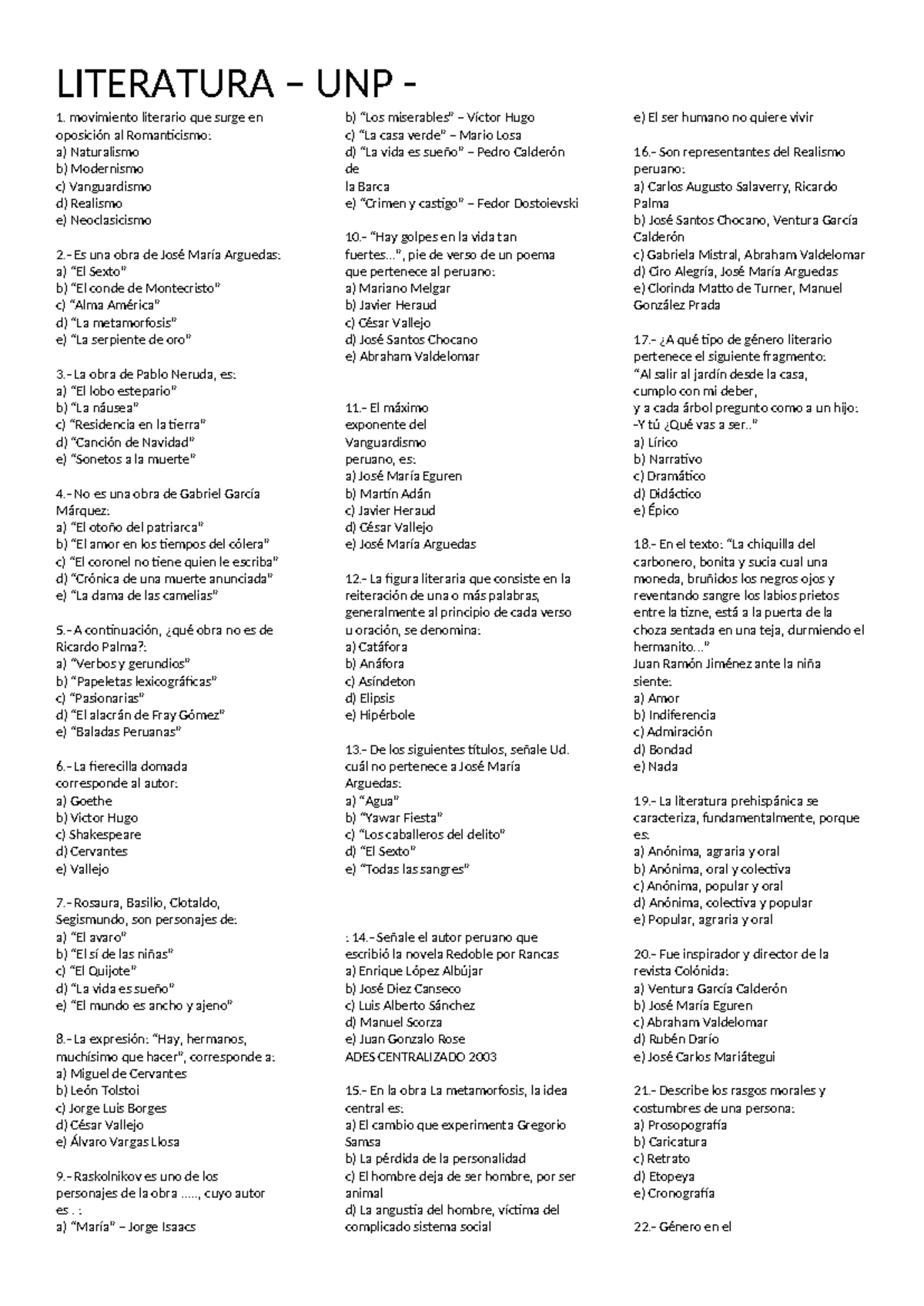 Banco de Preguntas de Literatura - UNP (Marzo 1999-2021) - Studocu
