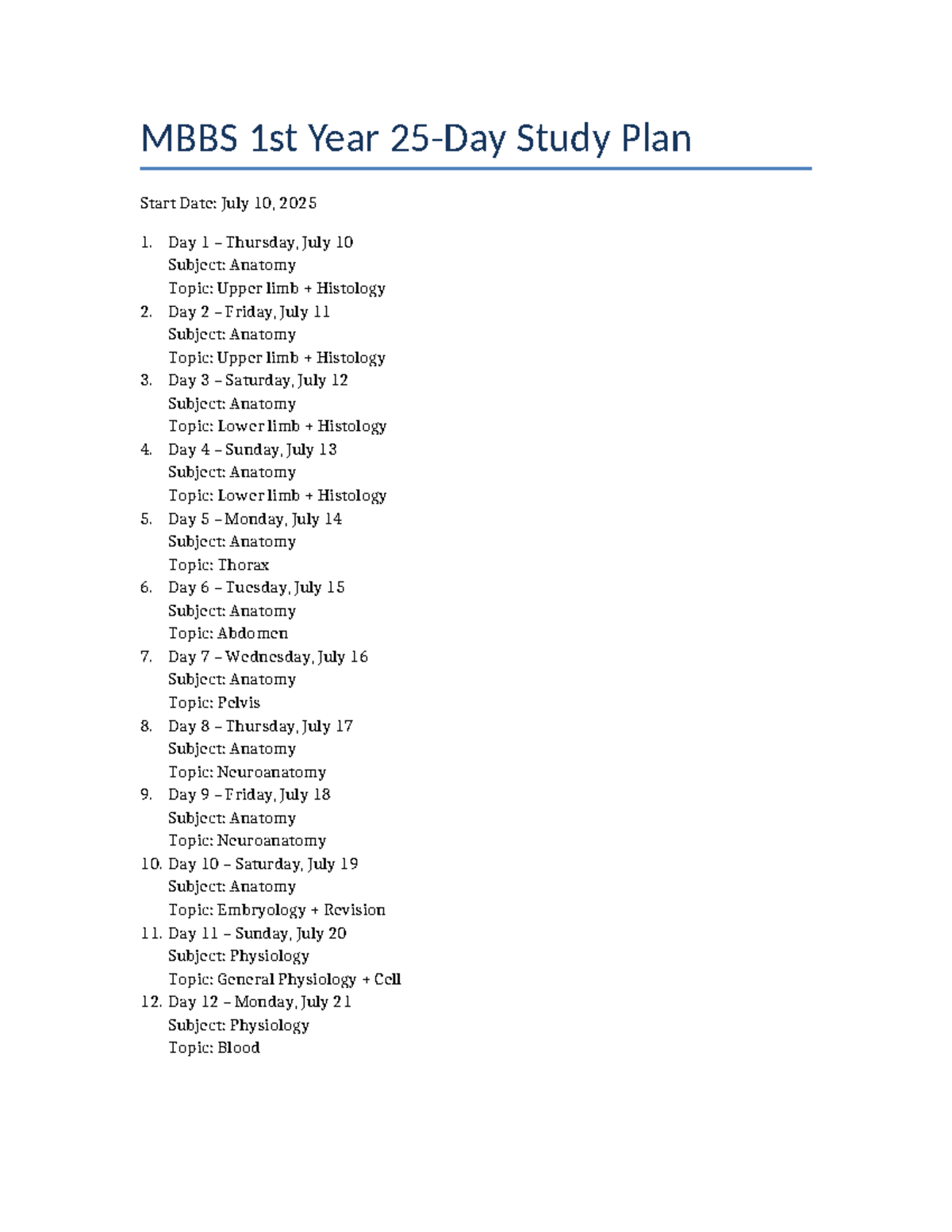 MBBS 1st Year 25-Day Study Plan: Anatomy & Physiology - Studocu