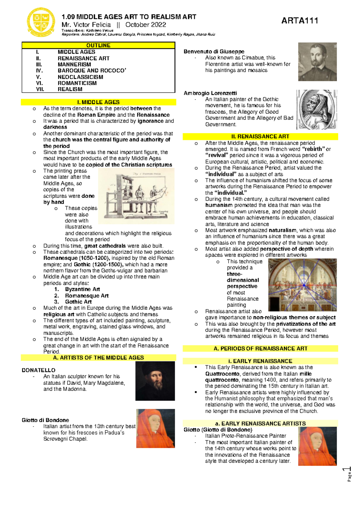 1.09 MIDDLE AGES ART TO REALISM ART: A Comprehensive Overview - Studocu