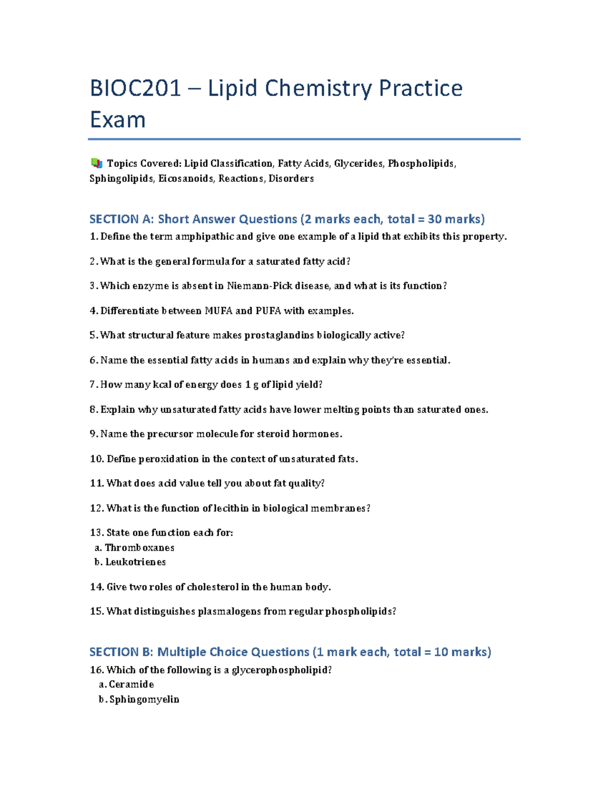 BIOC201 Lipid Chemistry Final Exam Practice Topics and Questions - Studocu