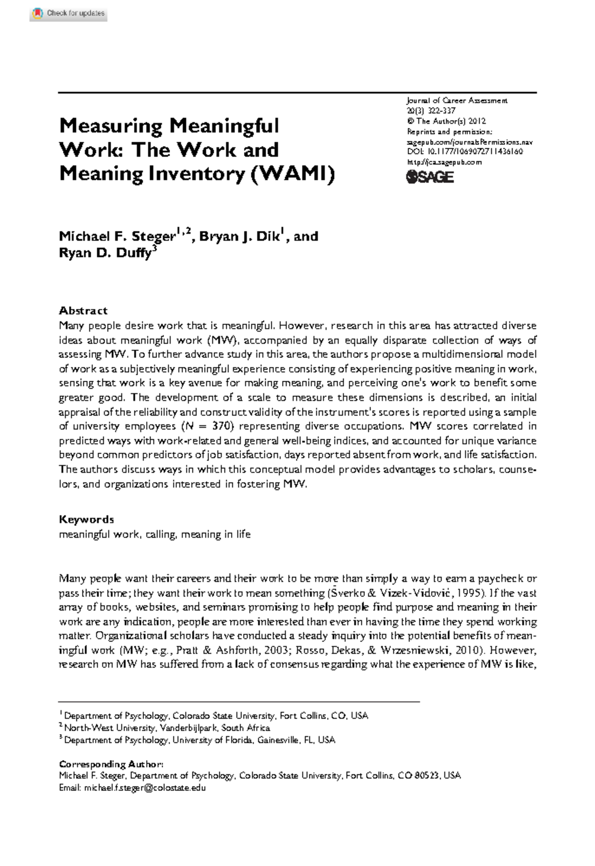 Work and Meaning Inventory (WAMI): A Measurement Study on Meaningful ...