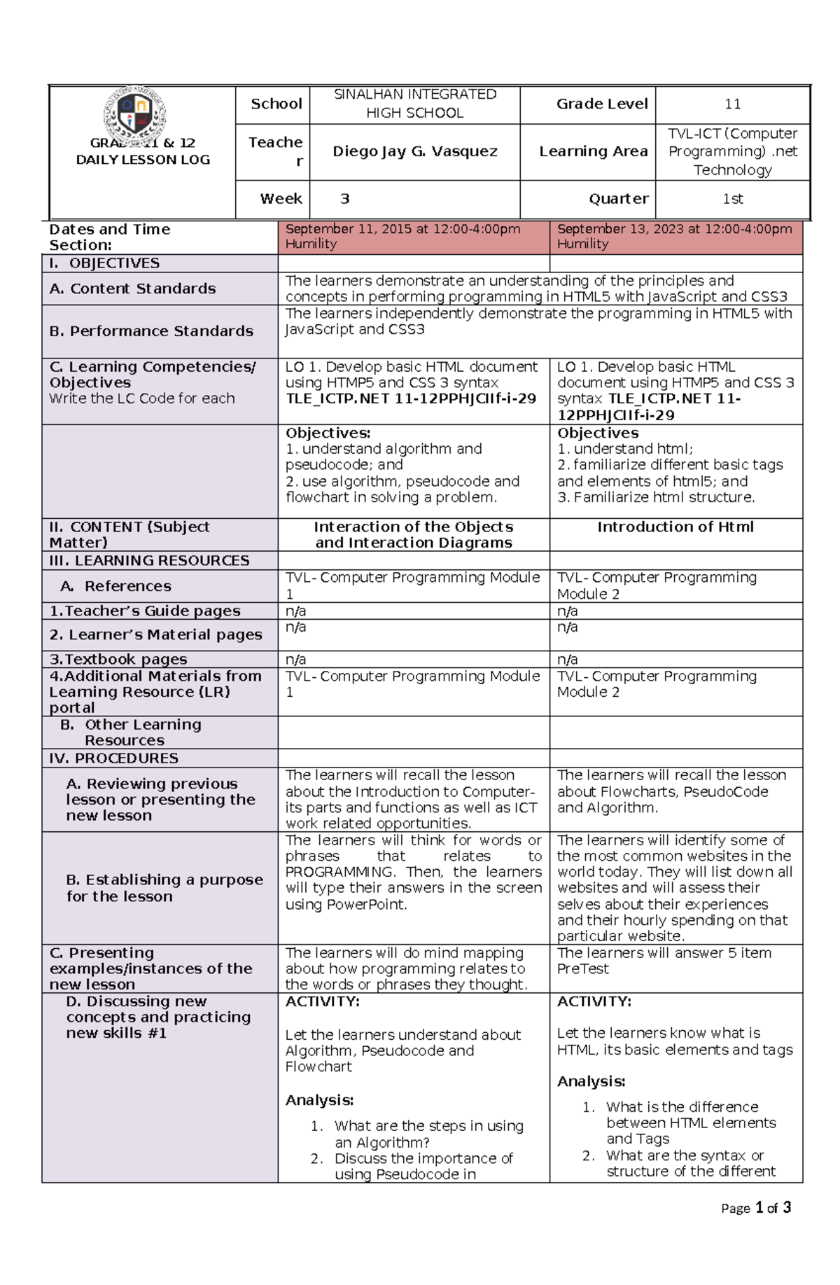 CP (.net Technology) DLL Q1 W3 - GRADE 11 & 12 DAILY LESSON LOG School ...