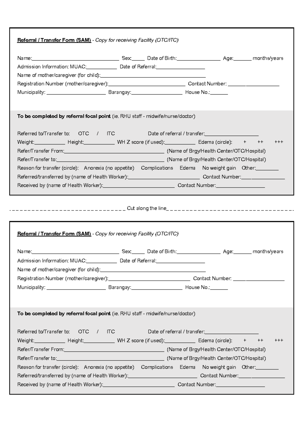 OTC/ITC Referral and Transfer Form for SAM (Severe Acute Malnutrition ...