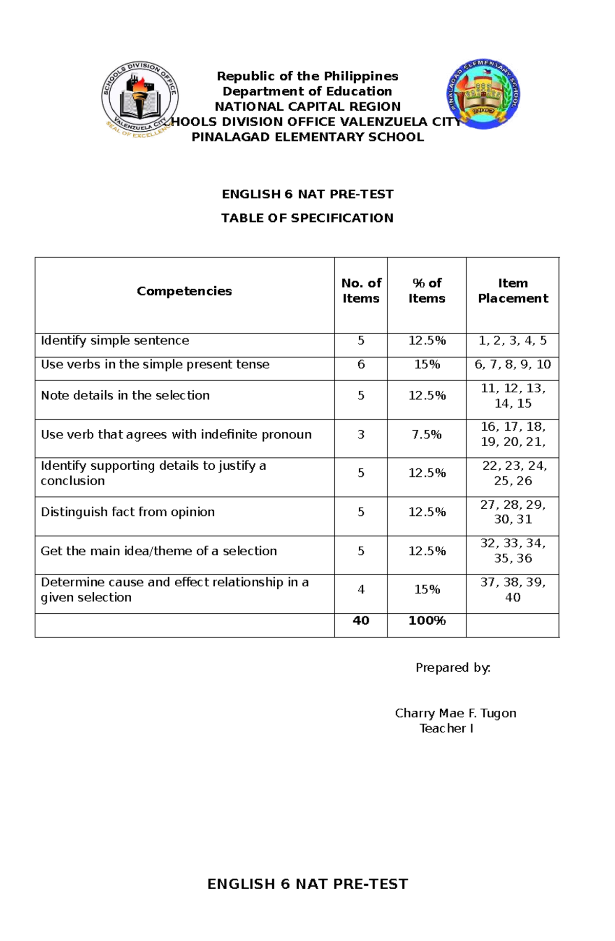 NAT Enlish 6 PRE-TEST - NAT Practice Test - Republic of the Philippines ...