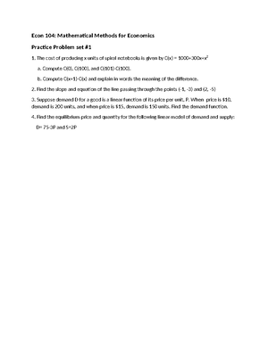 Econ 104: Practice Problem Set 3 on Derivatives and Calculus - Econ 104 ...
