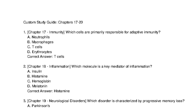 Custom Study Guide: Chapters 17-20 for Adaptive Immunity & Inflammation ...