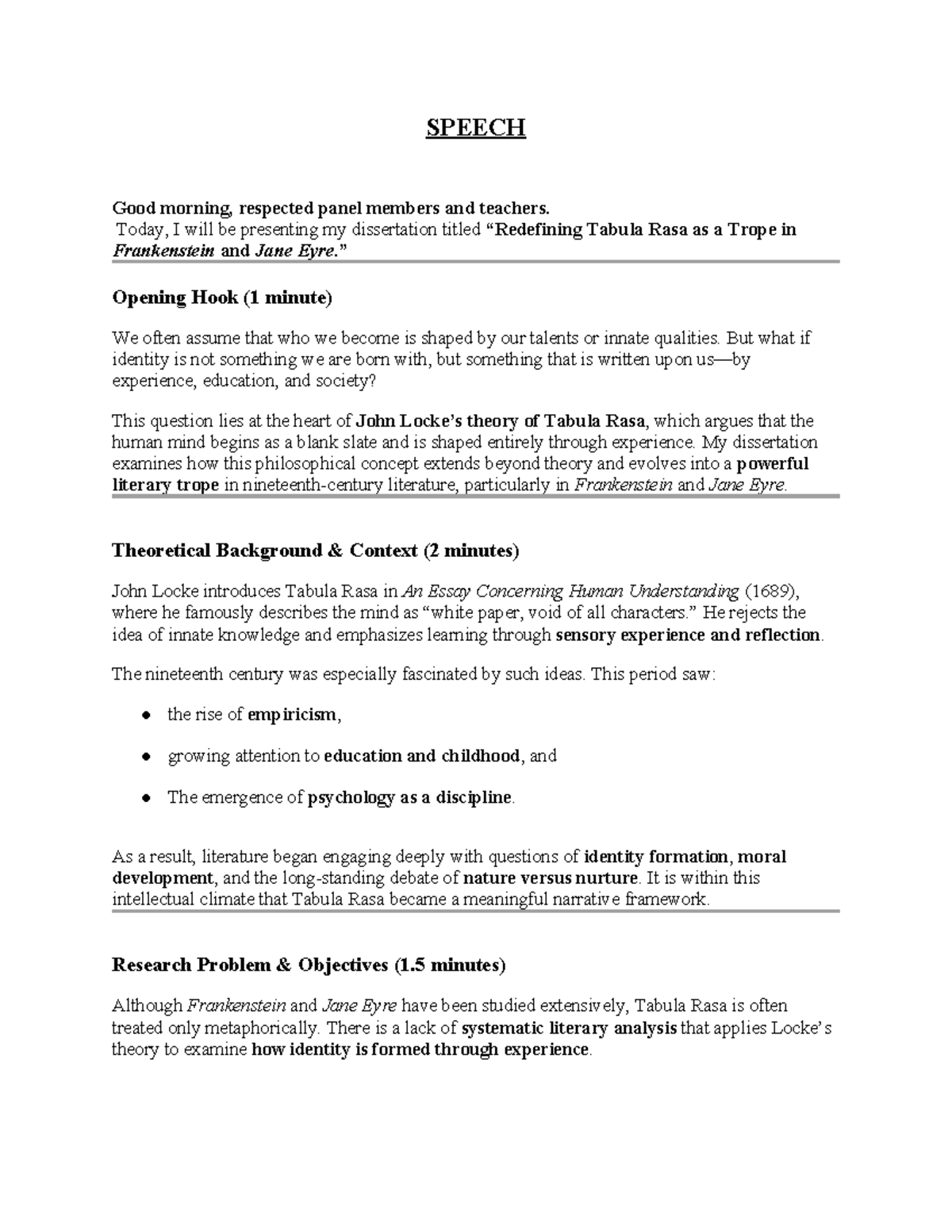SPEECH: Tabula Rasa in Frankenstein & Jane Eyre Analysis - Studocu