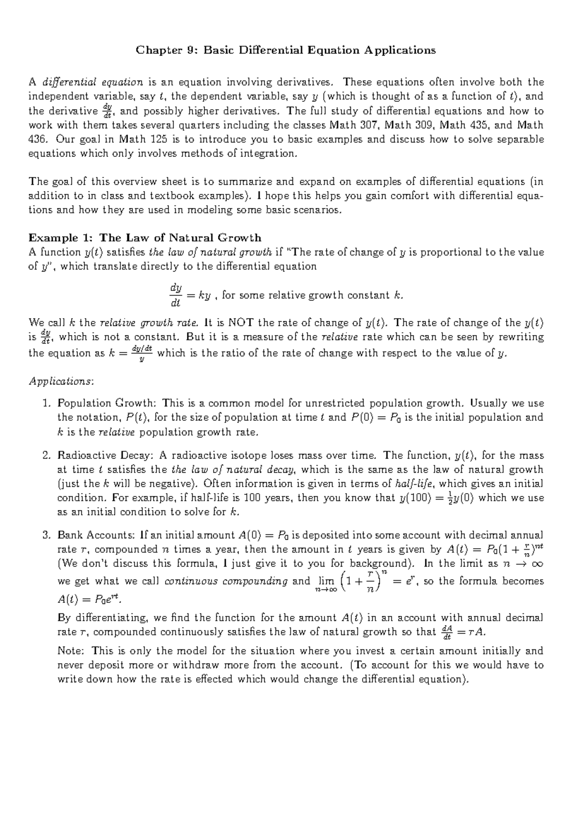 Chapter 9: Intro to Differential Equations Applications (Math 125 ...