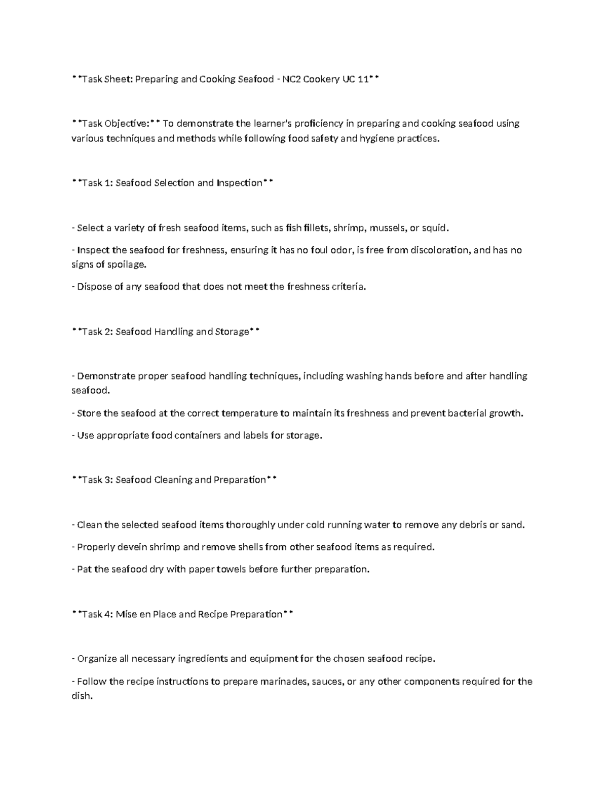 Task Sheet: Seafood Preparation & Cooking Techniques NC2 Cookery UC ...