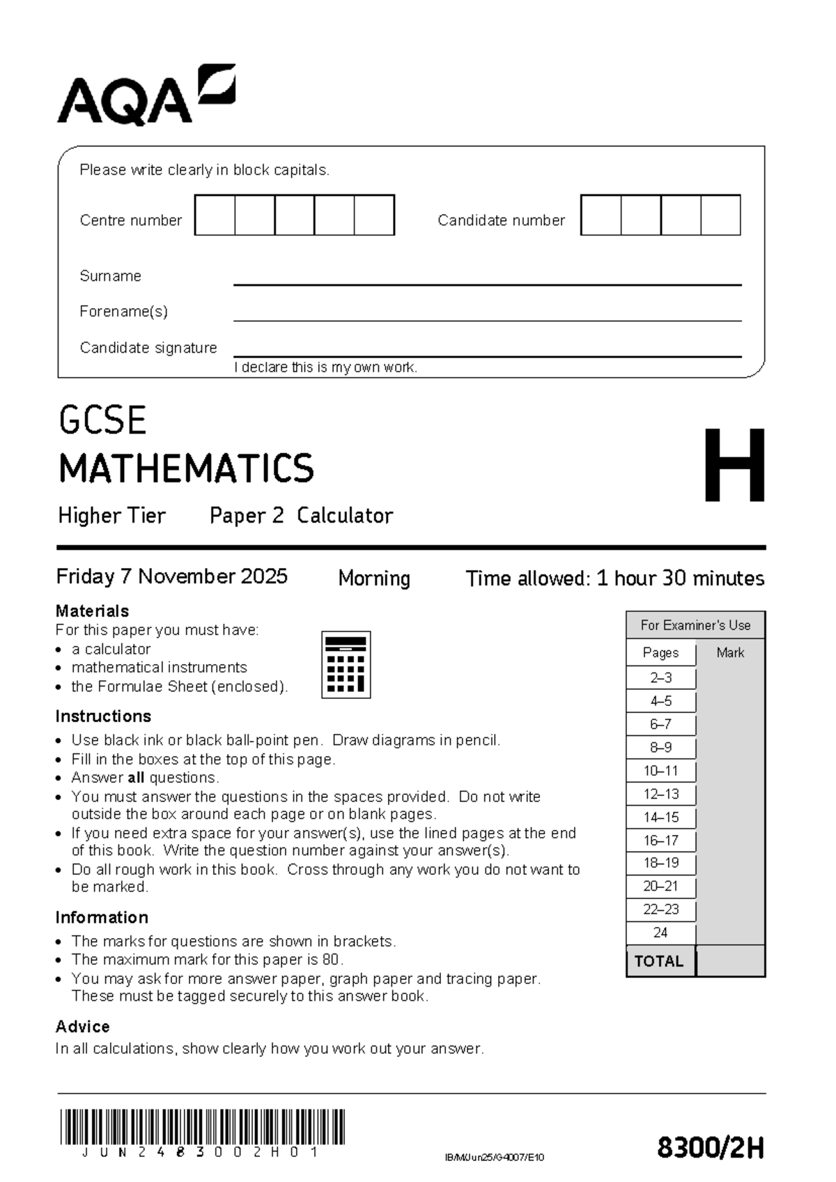 2025 AQA GCSE Maths Higher Tier Exam Paper 2 (Calculator) - Studocu