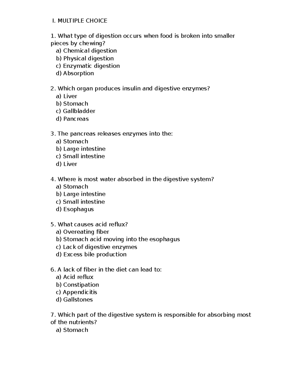 BIOL 101: Digestive System MCQs & True/False Review Notes - Studocu