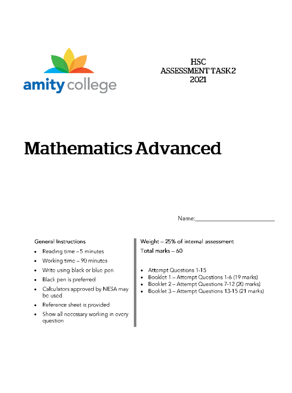 2021 HSC Maths Adv Task 02: Curve Equations & Area Calculations - Studocu