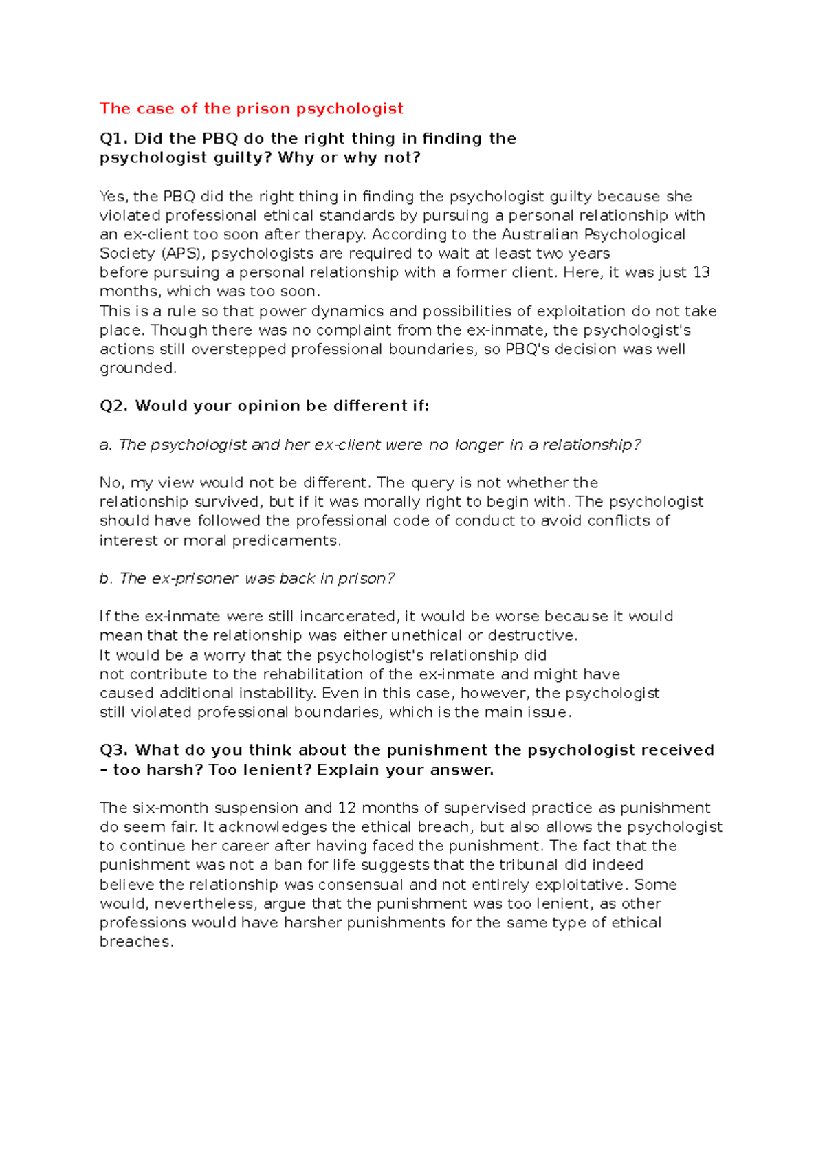 Case Study: The Prison Psychologist's Ethical Breach Analysis - Studocu