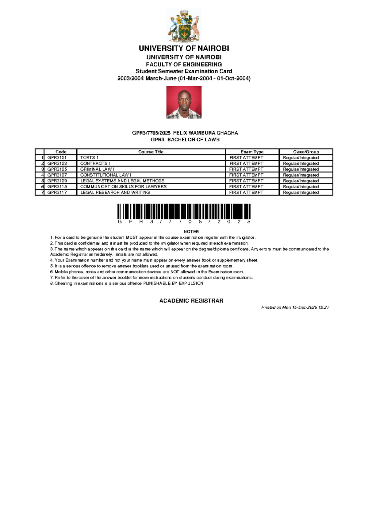 GPR3 Semester Exam Card for Felix Wambura Chacha - Studocu