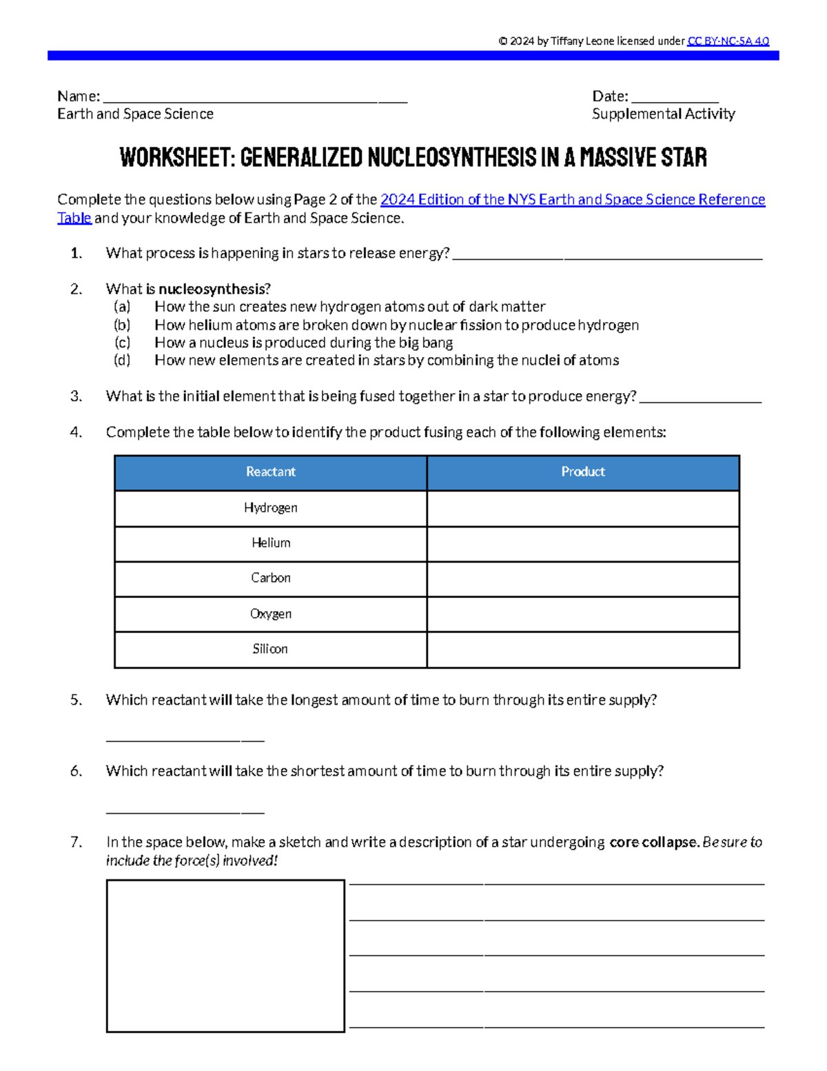 Worksheet for Generalized Nucleosynthesis in Massive Stars (HS-ESS1-3 ...