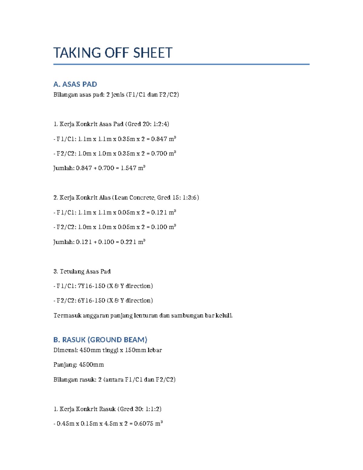 Taking Off Asas Pad dan Rasuk Updated - TAKING OFF SHEET A. ASAS PAD ...