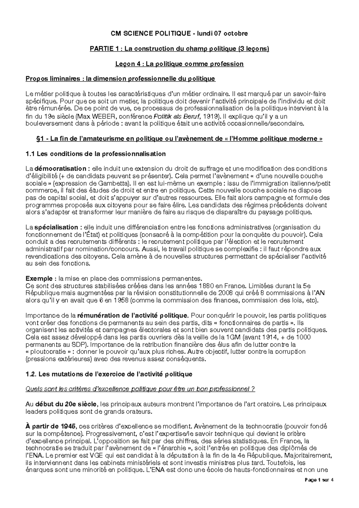 CM Science politique - Leçon 4 - La politique comme profession - CM ...