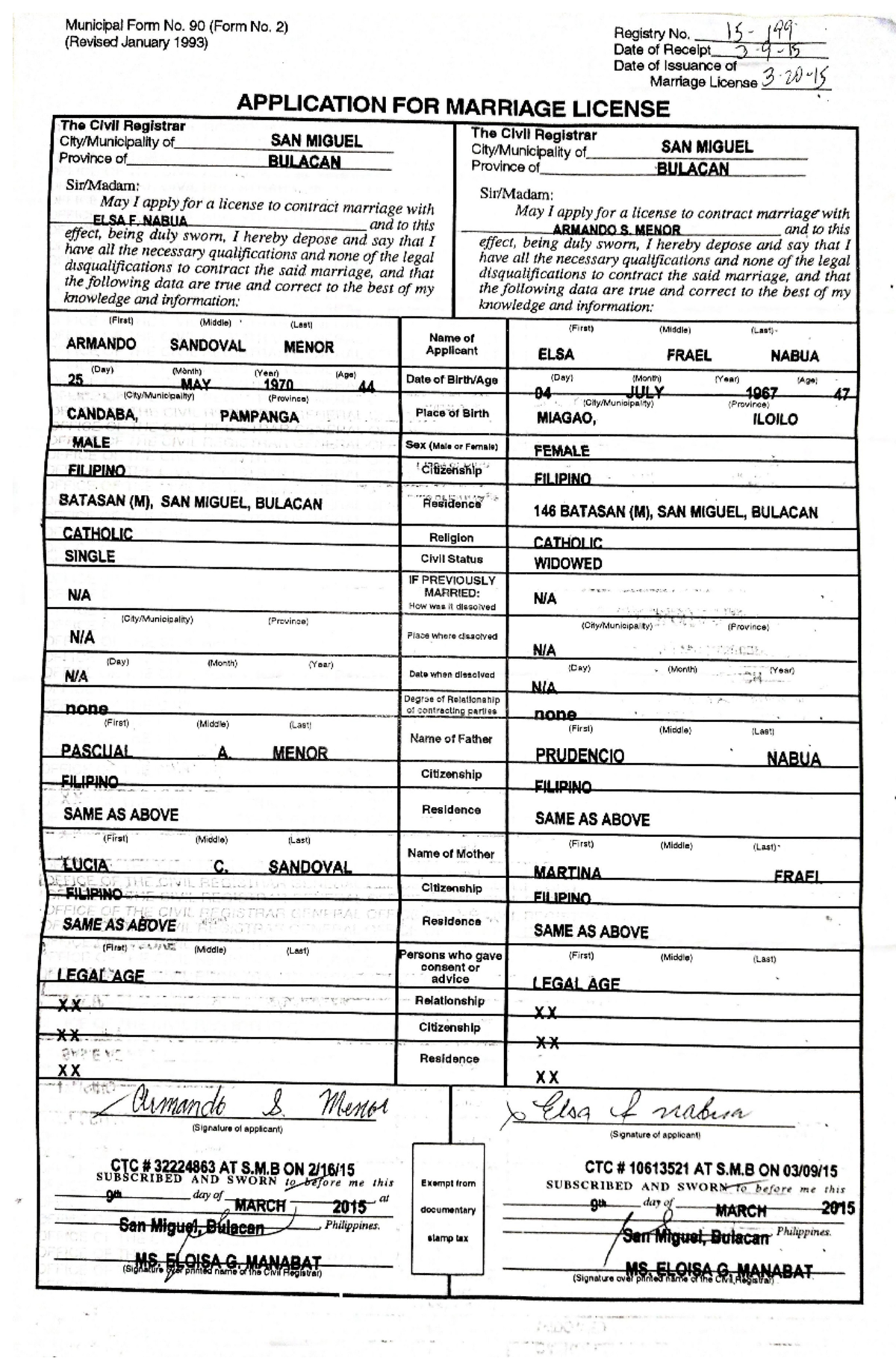 Arman docs - aaa - Municipal Form No. 90 (Form No. 2) Registry No. 15 ...