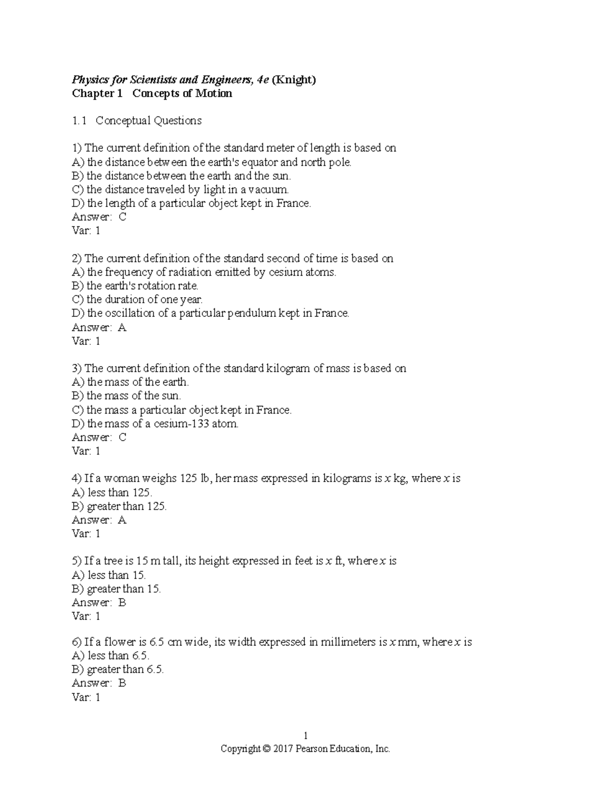 01 Test Bank - Questions and Answers for Chapter 1 Concepts of Motion ...