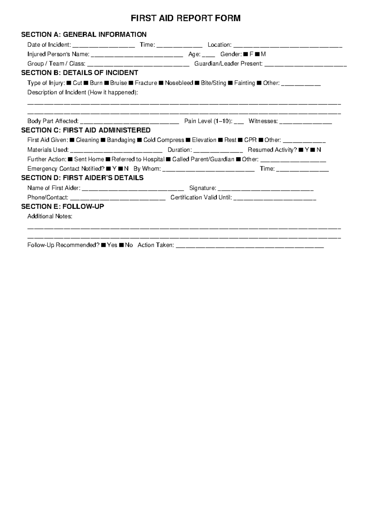 First Aid Report Form: Incident Details & Administered Care - Studocu