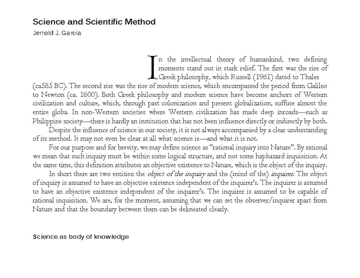 01 Science and the Scientific Method - Science and Scientific Method Jerrold J. Garcia n the ...