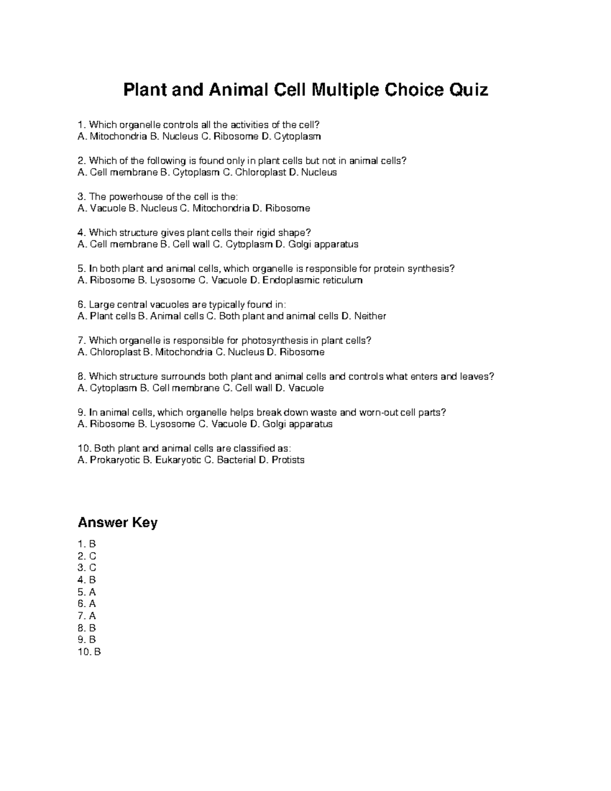Plant and Animal Cell MCQ Quiz - Quiz 1 - Studocu